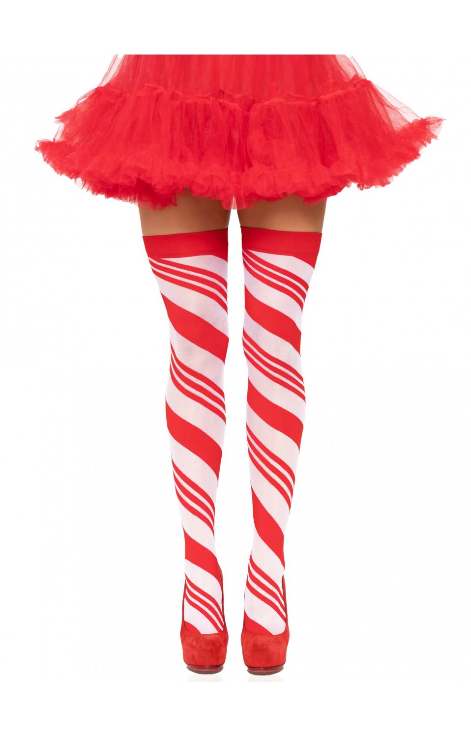 Candy Cane Thigh High One Size White Red La 6628whtred